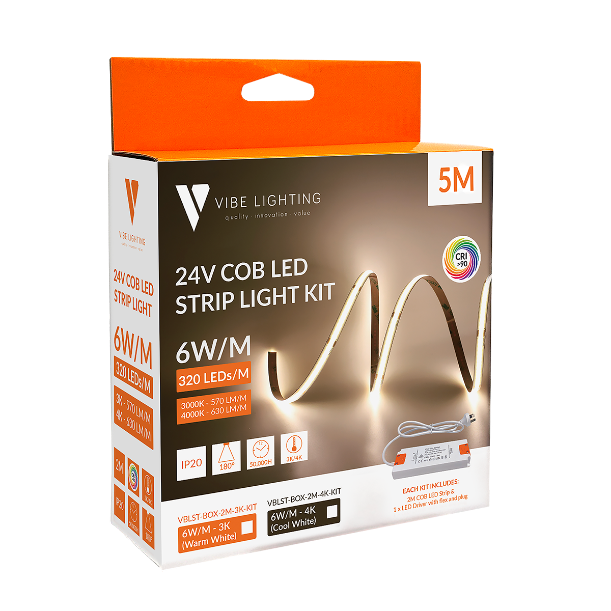 5M 6W 3K COB 24V STRIP WITH 600MM TAIL & REMOTE DRIVER 3K - Ozlite